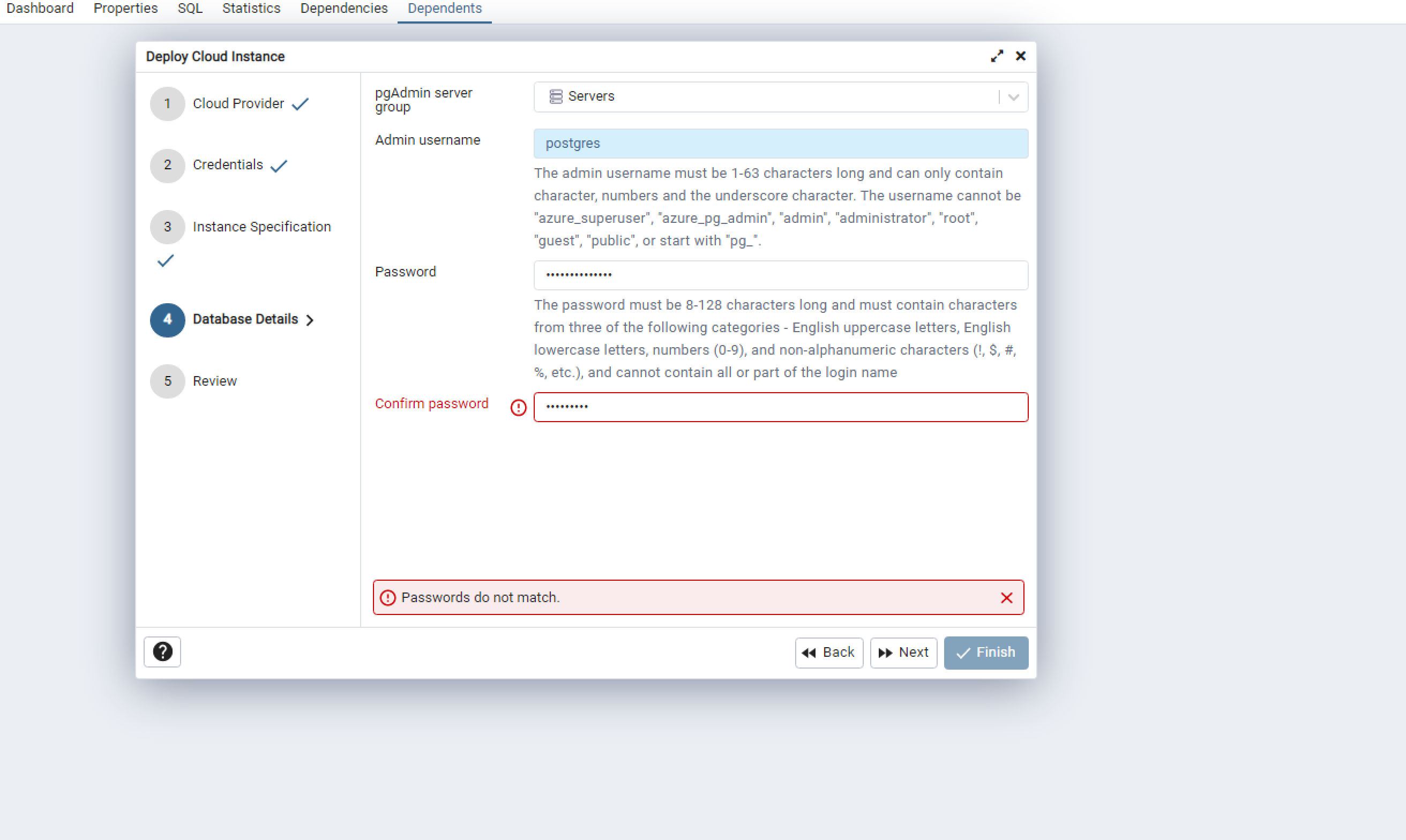 Azure Postgresql The Next Button Is Still Enabled If Password Does Not Match For Database